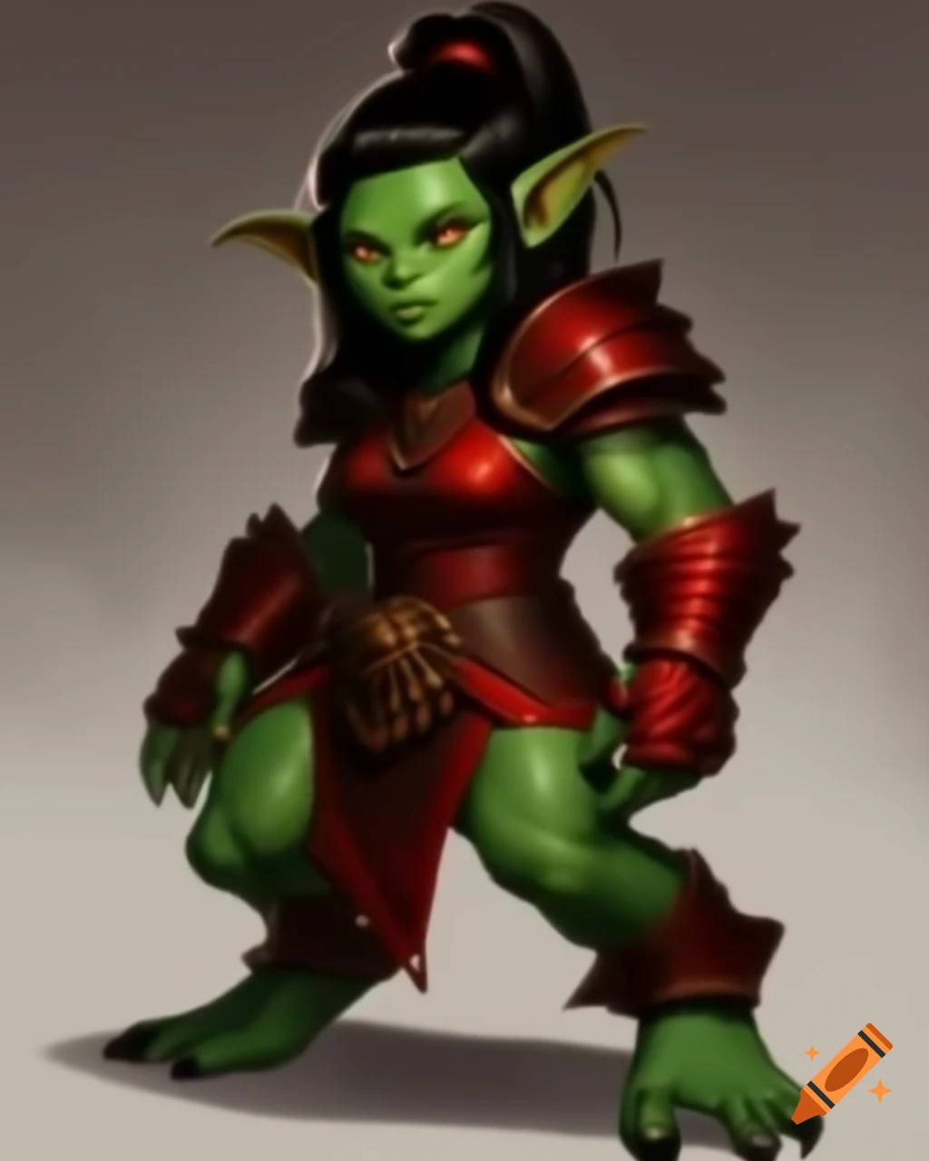Green-skinned goblin girl in red armor in fighting stance on Craiyon