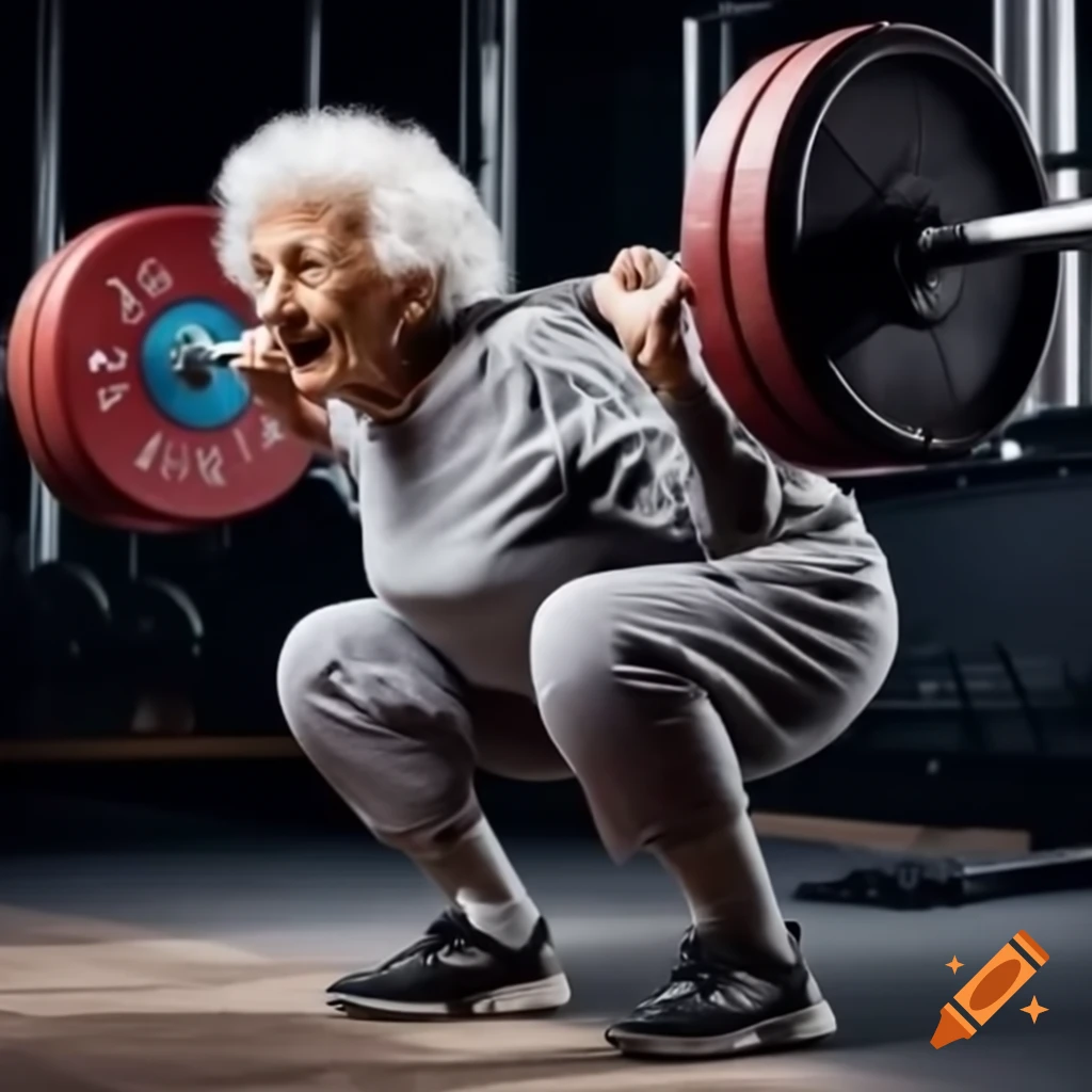 Energetic elderly woman squatting with barbells, showcasing strength ...