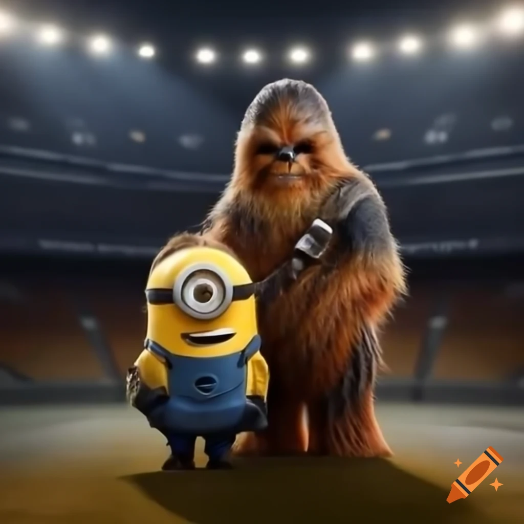 Chewbacca and minion in empty concert stadium's mosh pit on Craiyon
