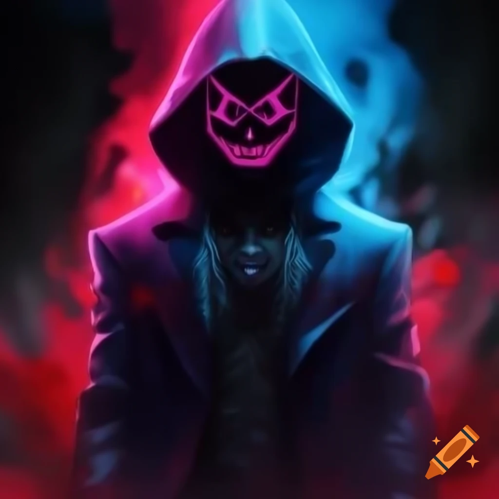 Mythic ghost in blue neon with skull-patterned suit and black mask ...