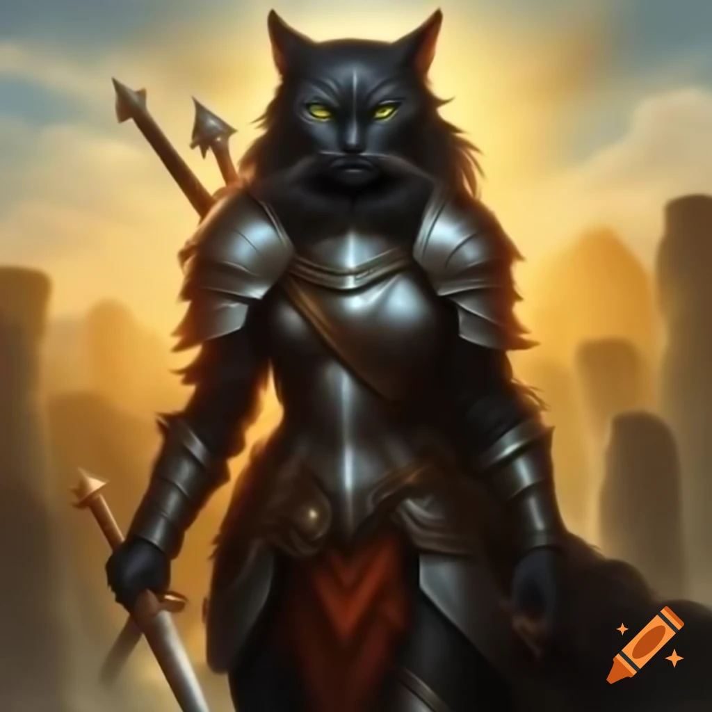 Fierce black-furred catfolk paladin in armor wielding daggers, ready for battle on Craiyon