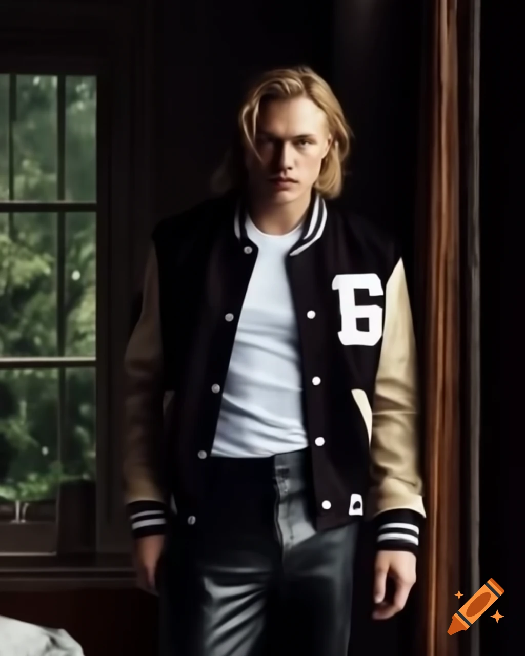Ultra HD portrait of actor Heath Ledger in letterman jacket and leather ...