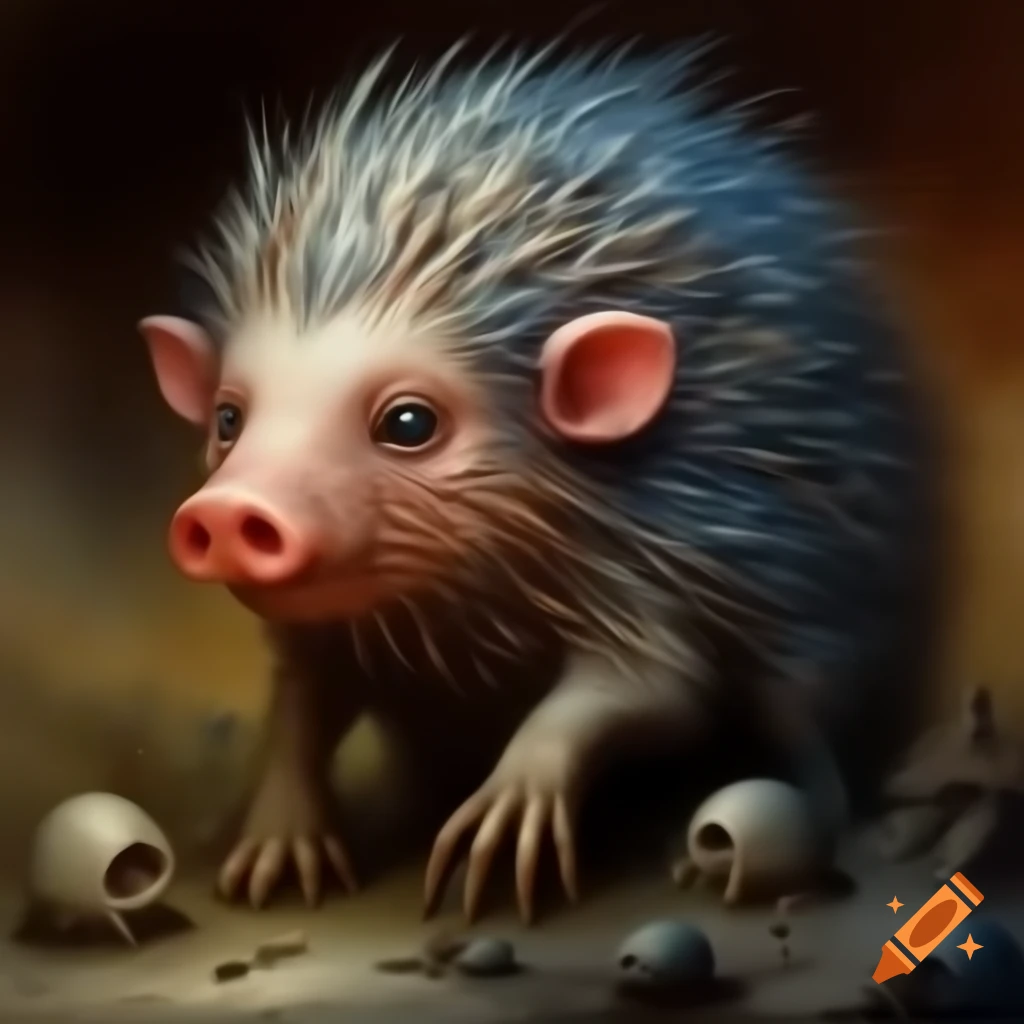 Whimsical creature with porcupine quills and pig head in alien ...