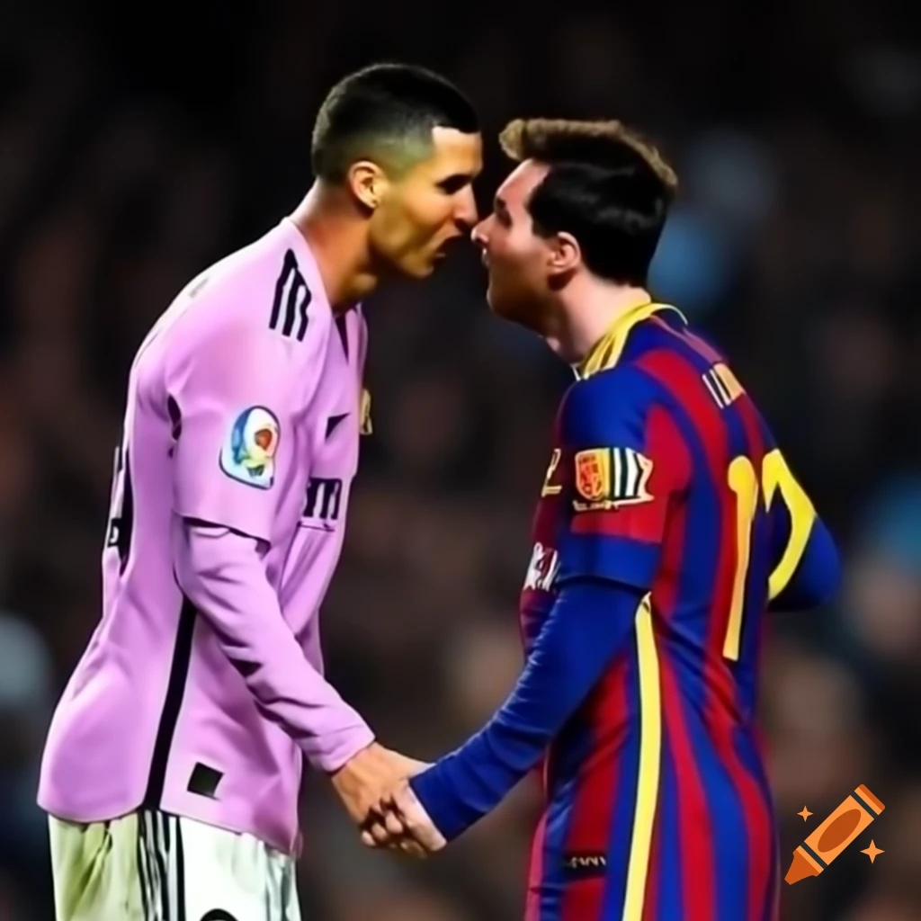 Cristiano Ronaldo and Lionel Messi competing in a soccer match on Craiyon