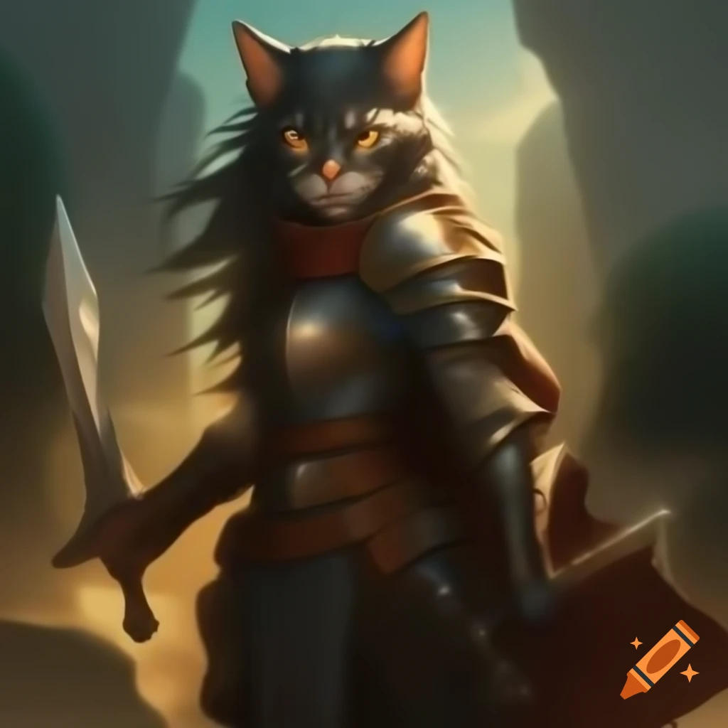 Fierce black-furred catfolk paladin in armor wielding daggers, ready ...
