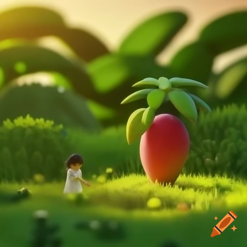 Surreal miniature of vibrant mango tree in green field with blooming ...