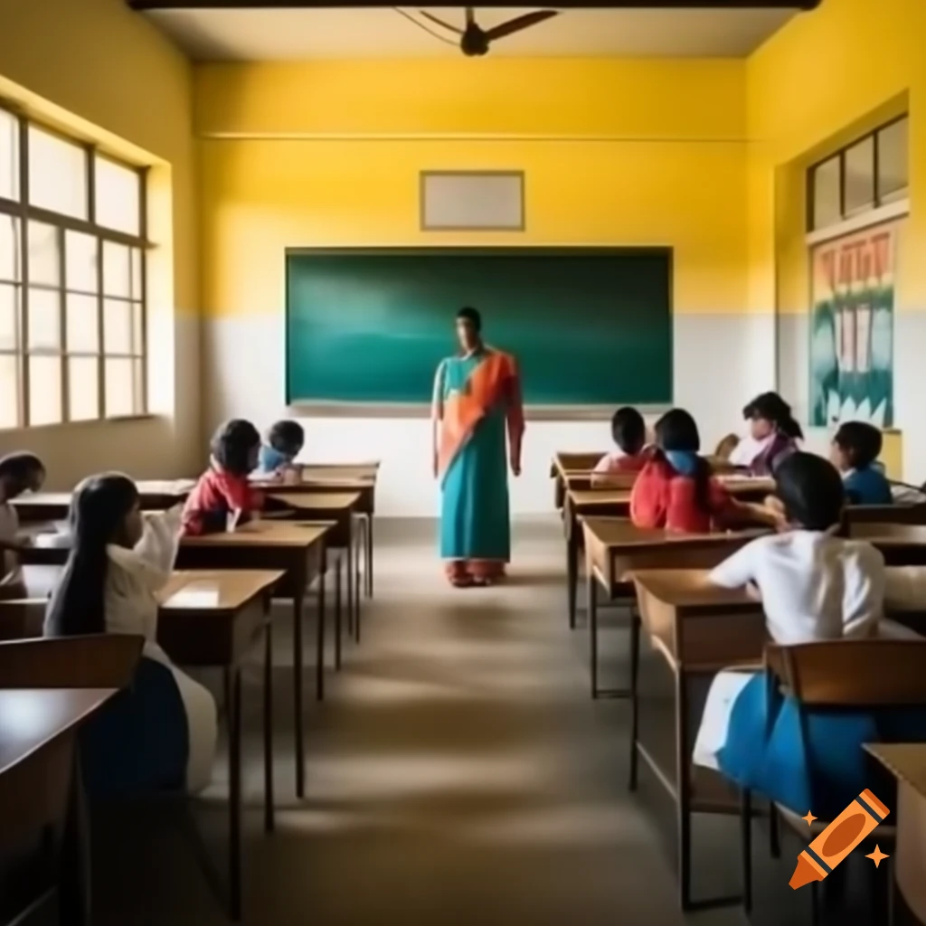 Vibrant indian school classroom with sunlight, pale yellow walls, and ...