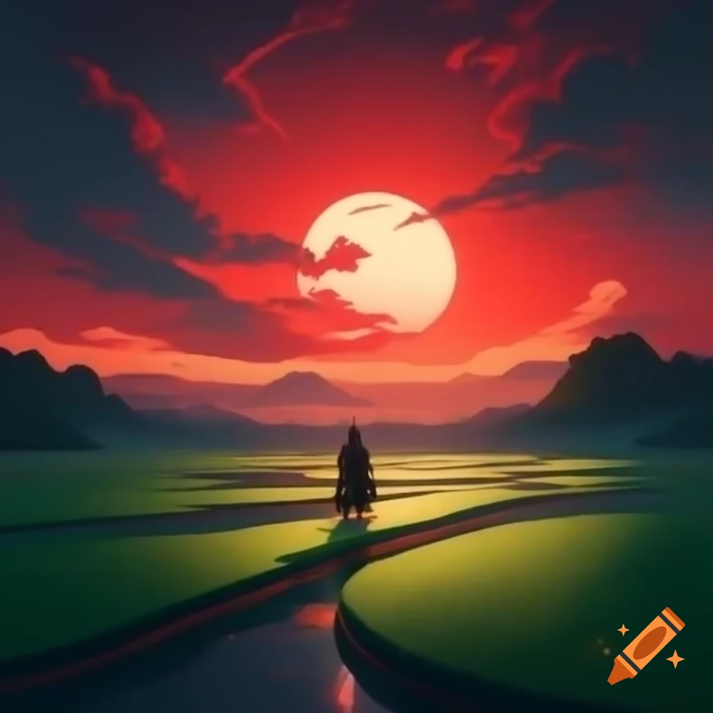 Silhouette of a lone samurai at sunset overlooking rice paddies in ...