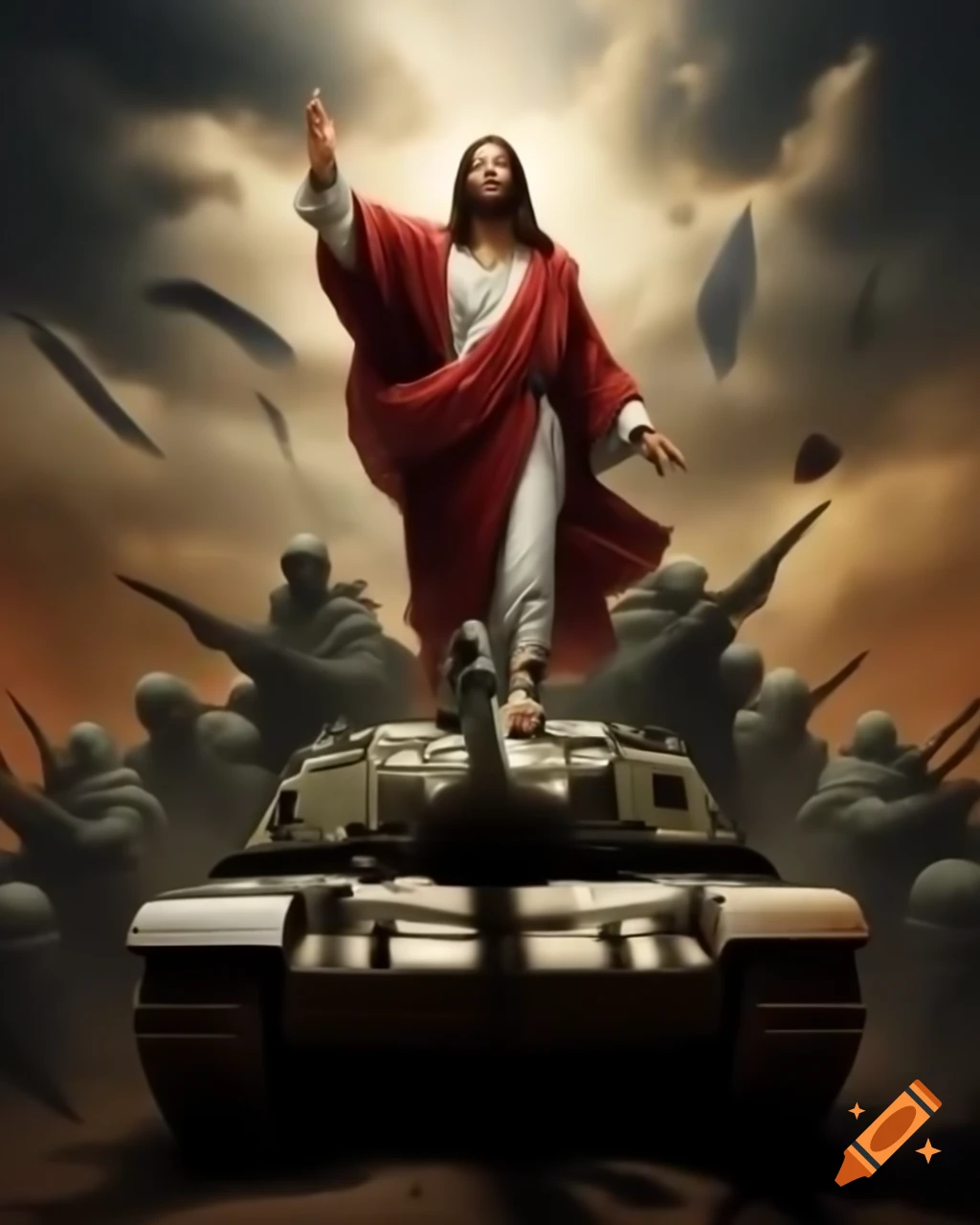 Low-angle shot of a commanding figure resembling Jesus on a war tank ...
