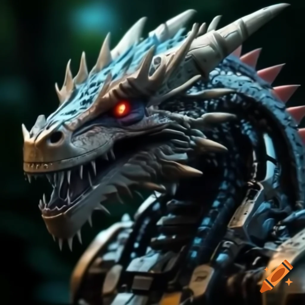 Half dragon, half robot character design on Craiyon