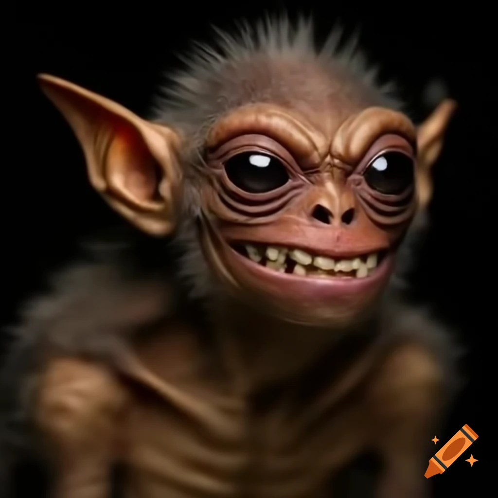 Hunched humanoid goblin monster with sharp teeth and brown skin on Craiyon