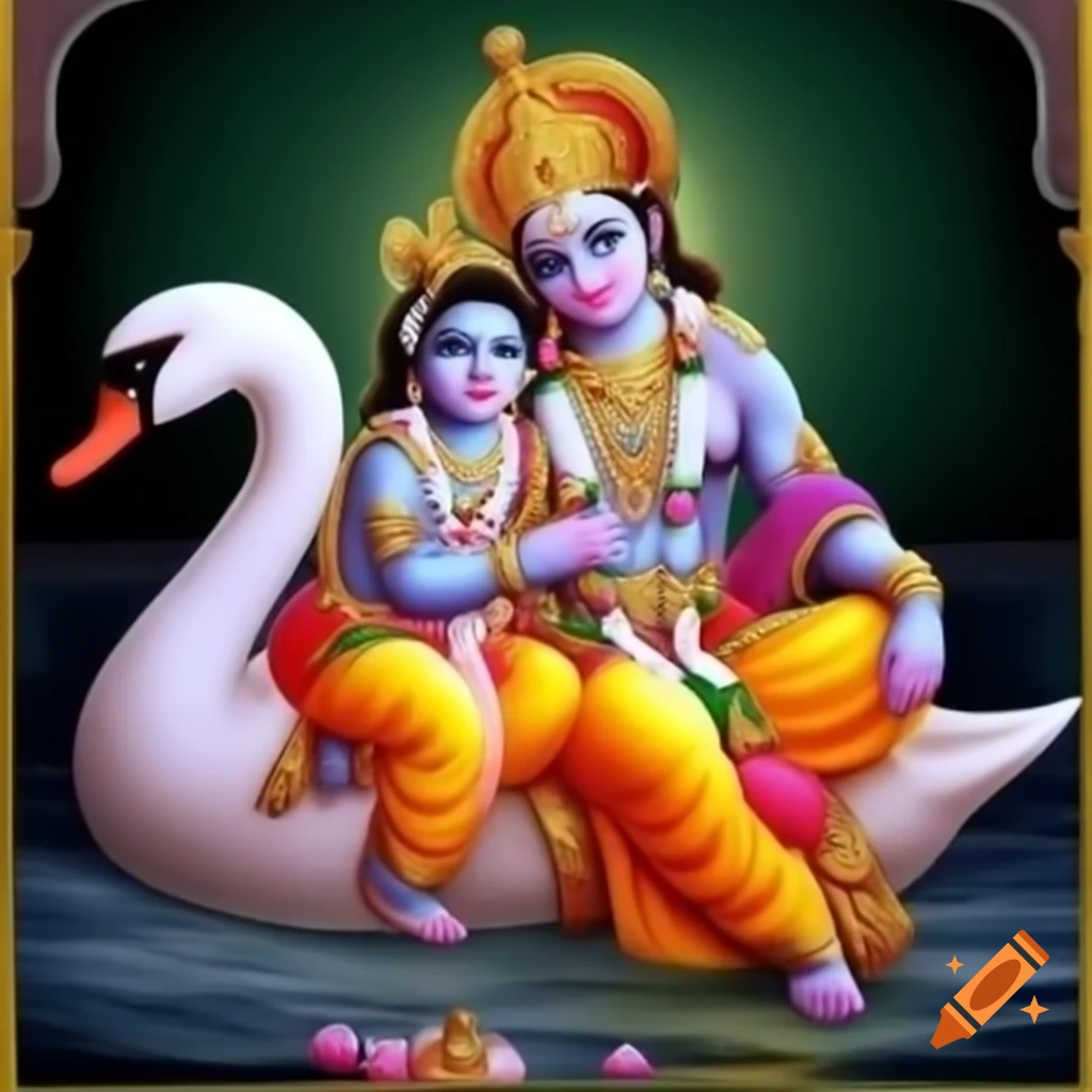 Lord Vishnu and young Ganesha seated on a swan, serene and regal moment on Craiyon