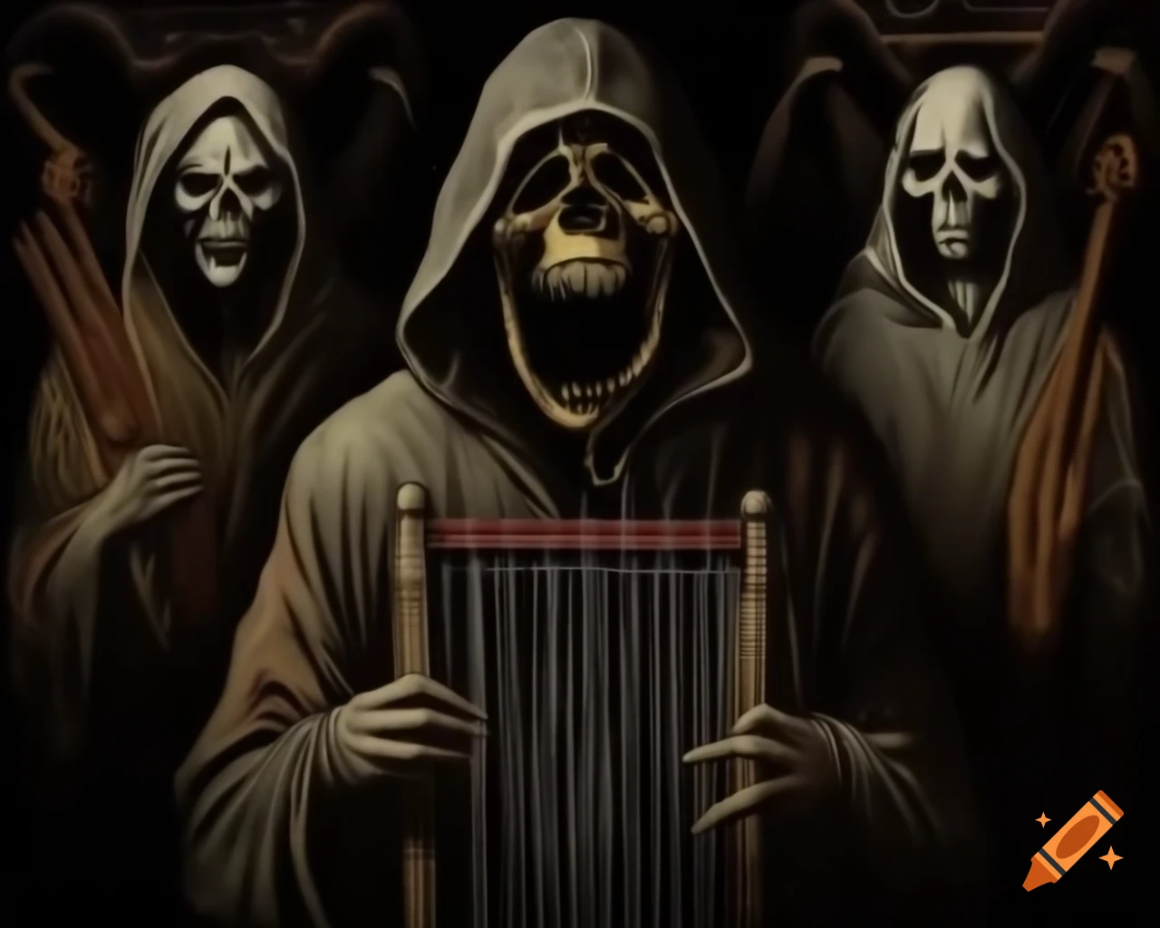 Ominous Reaper figure beside ancient loom with hooded Fates weaving ...