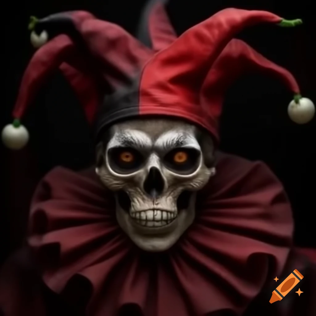 Demon with skull head in jester cap and red-black outfit on Craiyon