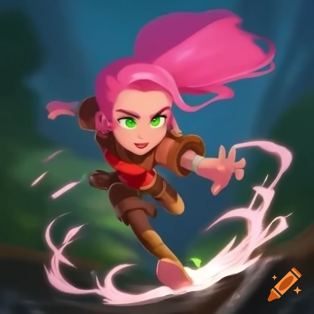 Fearless adventurer Lyra leaping in dynamic pose with vibrant pink ...