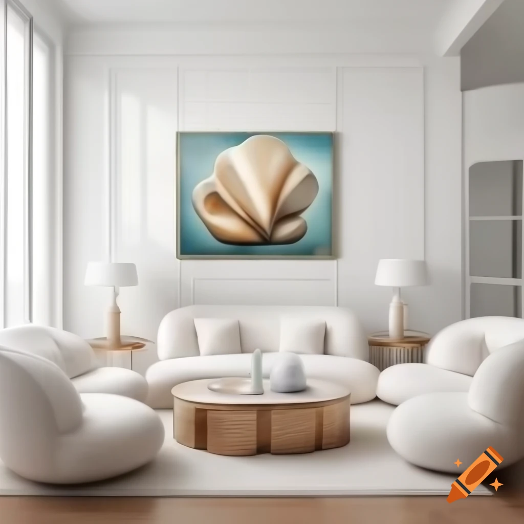 Ultra-realistic interior with pearly white walls and cozy couch ...