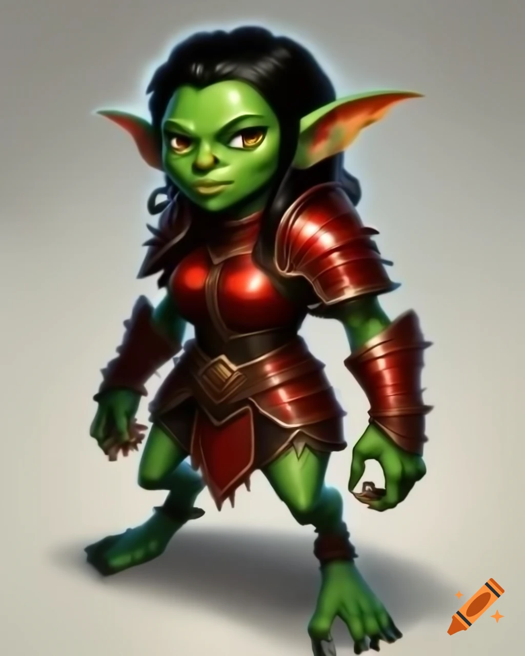Green-skinned goblin girl in red armor in fighting stance on Craiyon