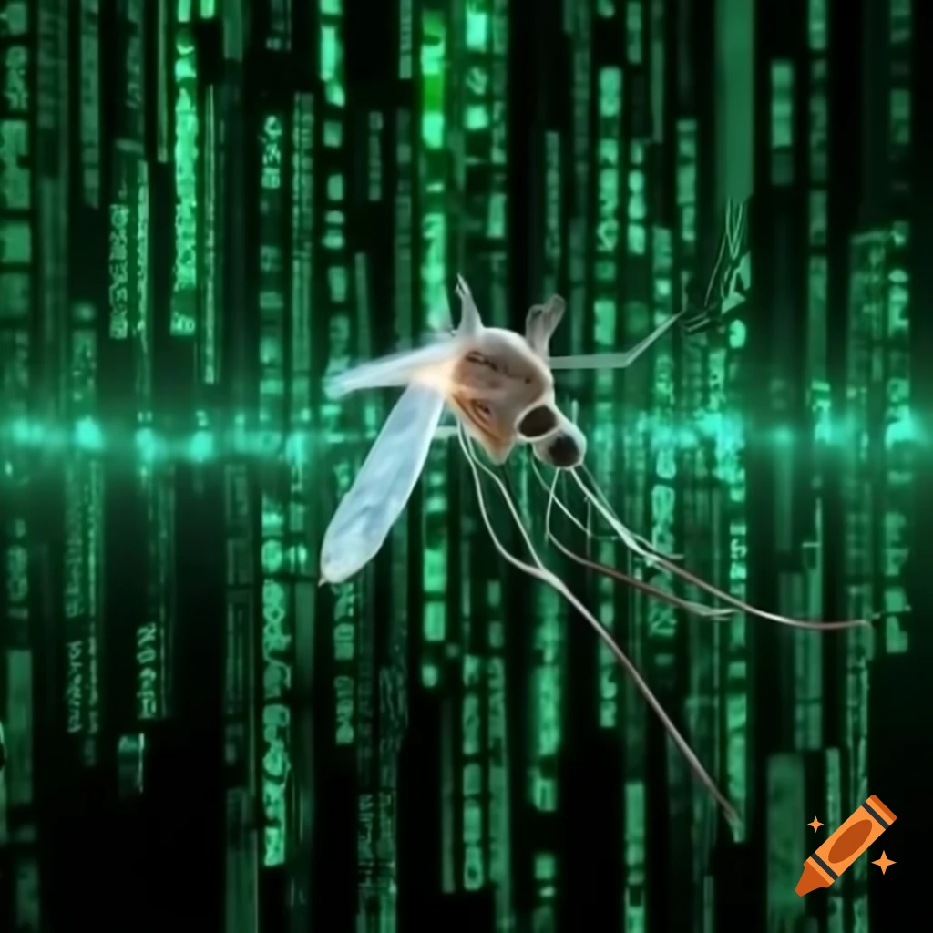 Digital mosquito flying through green coding matrix on Craiyon