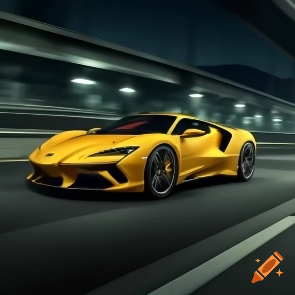 Yellow supercar driving on freeway near South Korean city at night on ...