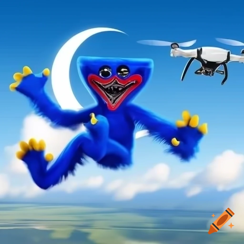Huggy wuggy falling from the sky alongside a drone on Craiyon
