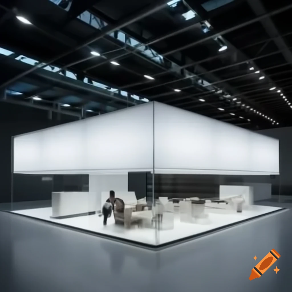 Modern exhibition stand with glass walls and white fascia on Craiyon