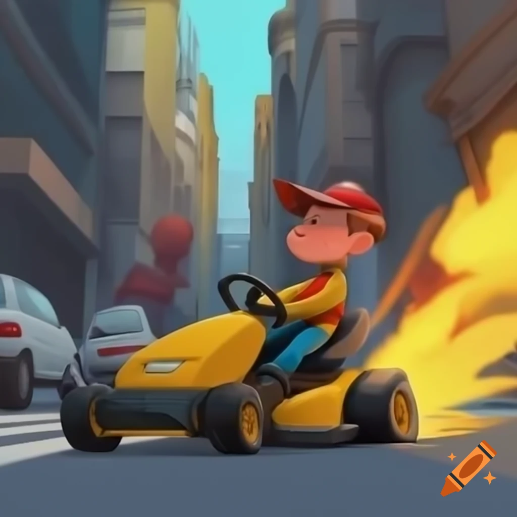 Superhero driving racing lawnmower through small neighborhood, comic ...