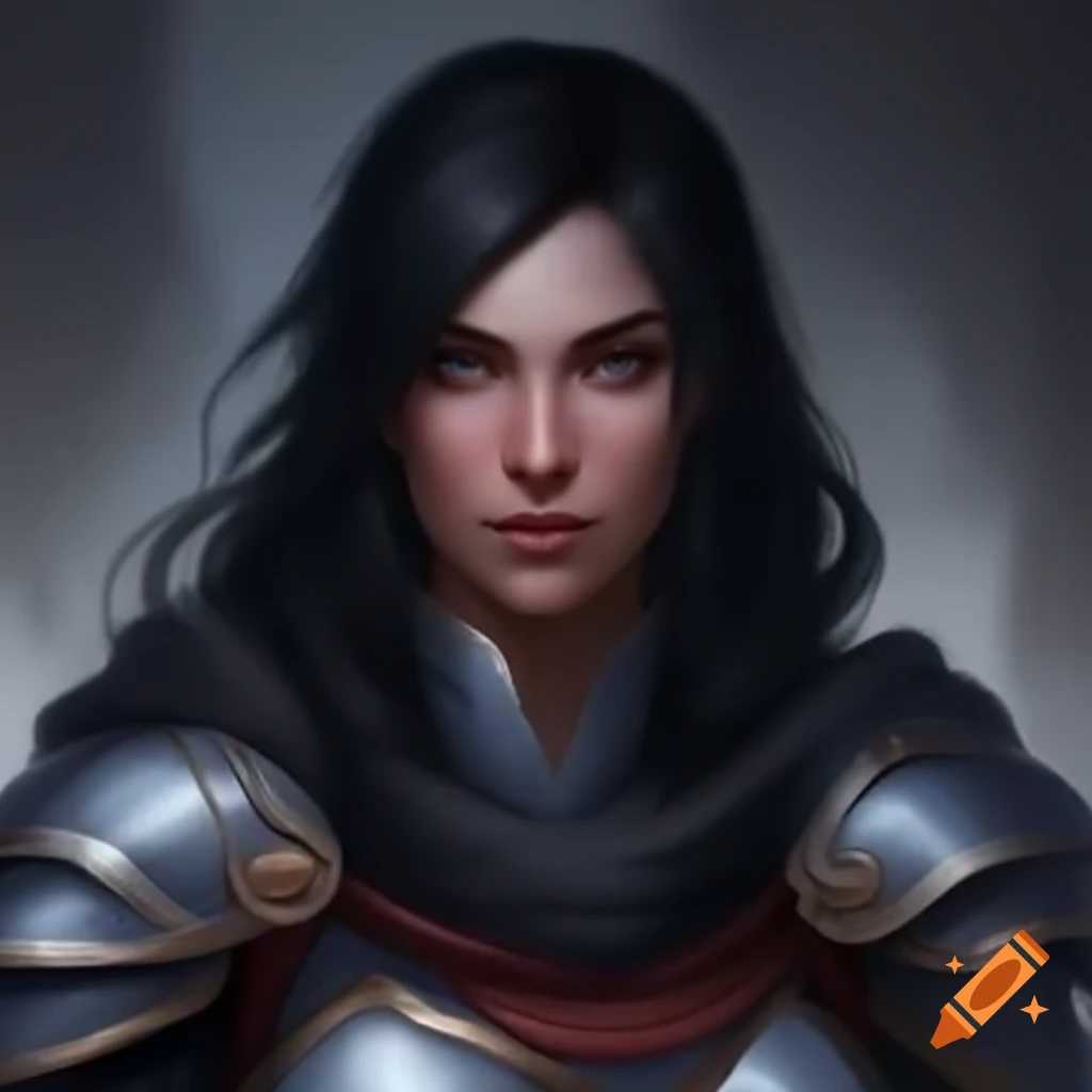 Female Paladin in chain mail armor and helmet on Craiyon