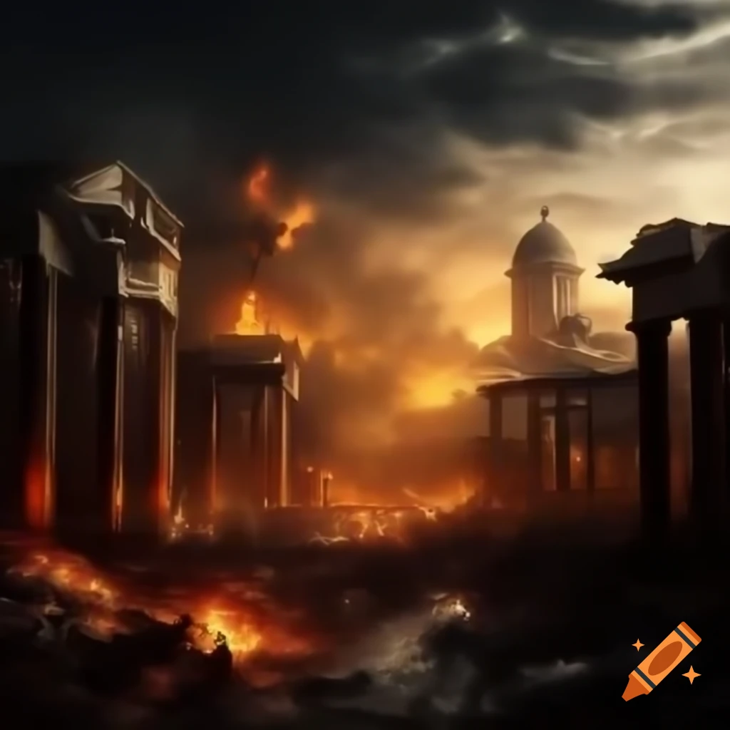 Flames engulf ancient Rome, creating apocalyptic glow against iconic ...