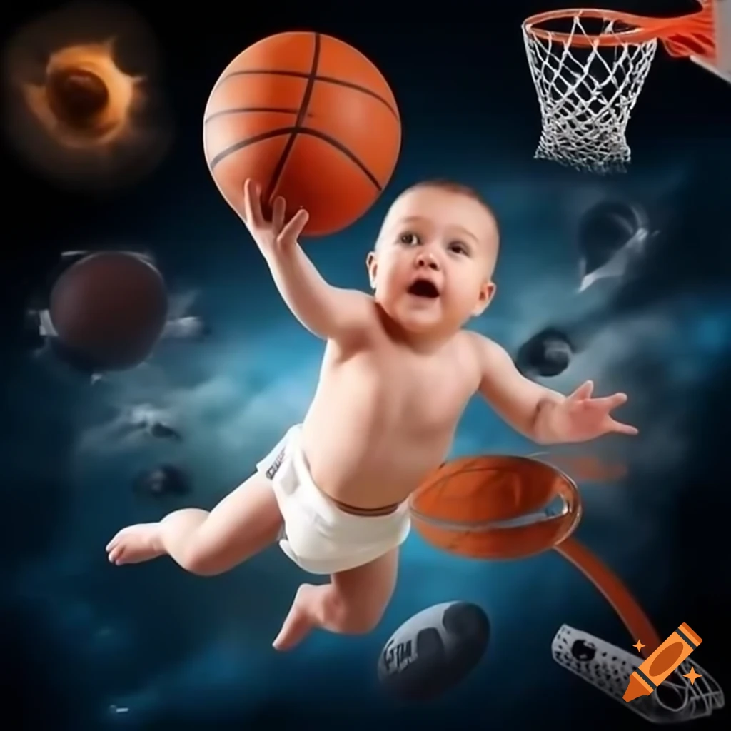 Child with Down syndrome dunking basketball in space with dramatic ...