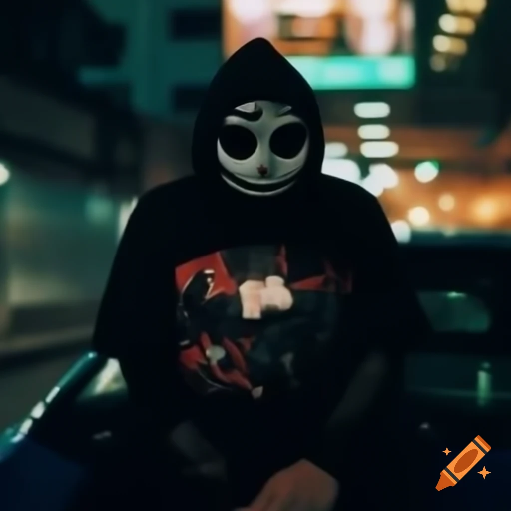 Rap song cover for 'King of the Street' featuring a young man with a mask and cars on Craiyon