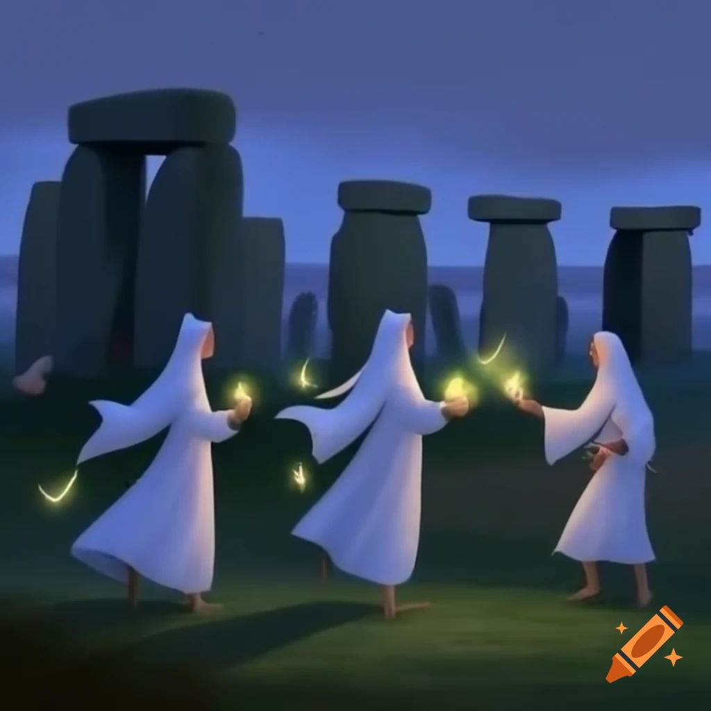Druids in white robes dancing with fairies around Stonehenge at evening ...