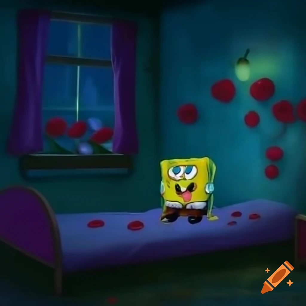 SpongeBob in a cozy bedroom surrounded by roses with dim night light on ...