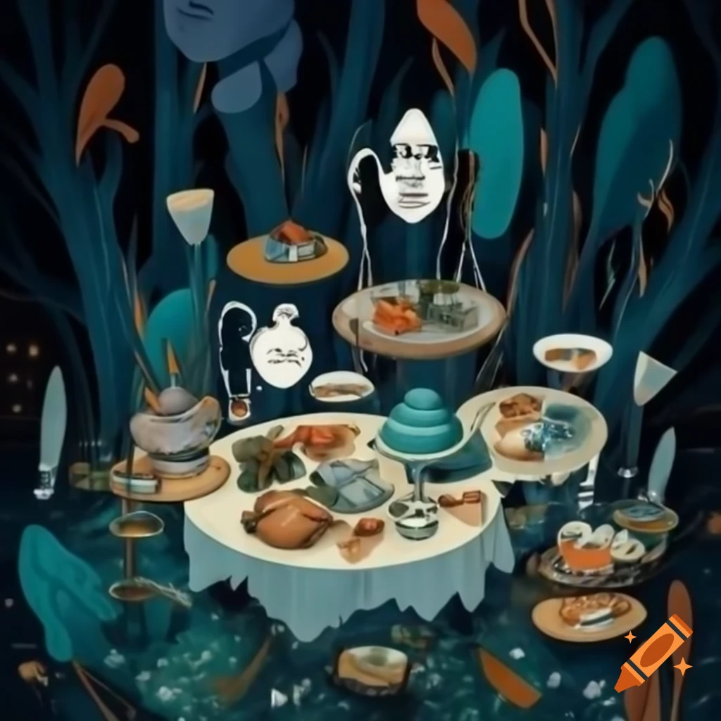 Whimsical surreal table setting in enchanted woodland with tea service ...
