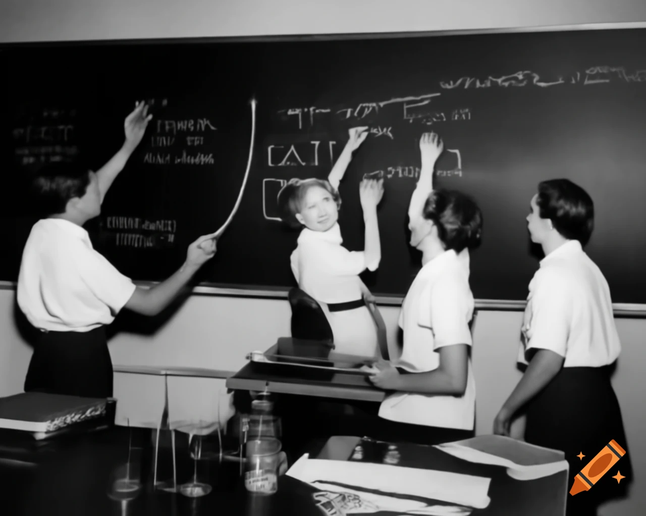 Thrilled physics students with kid scientist presenting nuclear physics ...