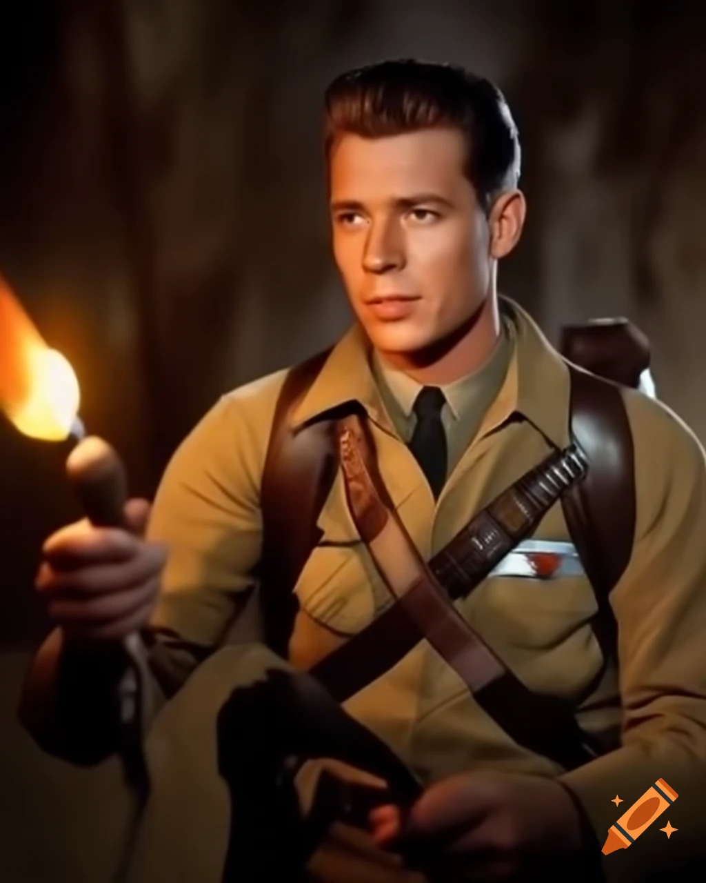 1940s American aviator pilot in brown leather jacket with courageous ...