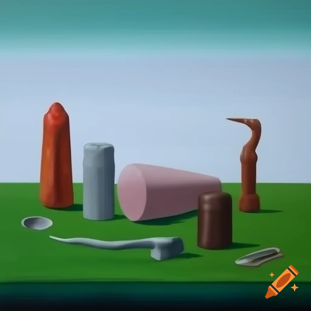 Surrealist oil painting of strange objects in minimalist landscape on Craiyon