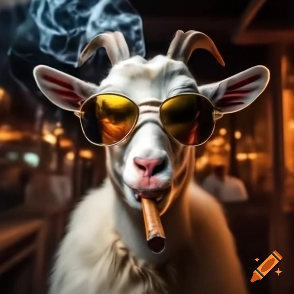 Goat with gold teeth and sunglasses smoking a cigar on Craiyon