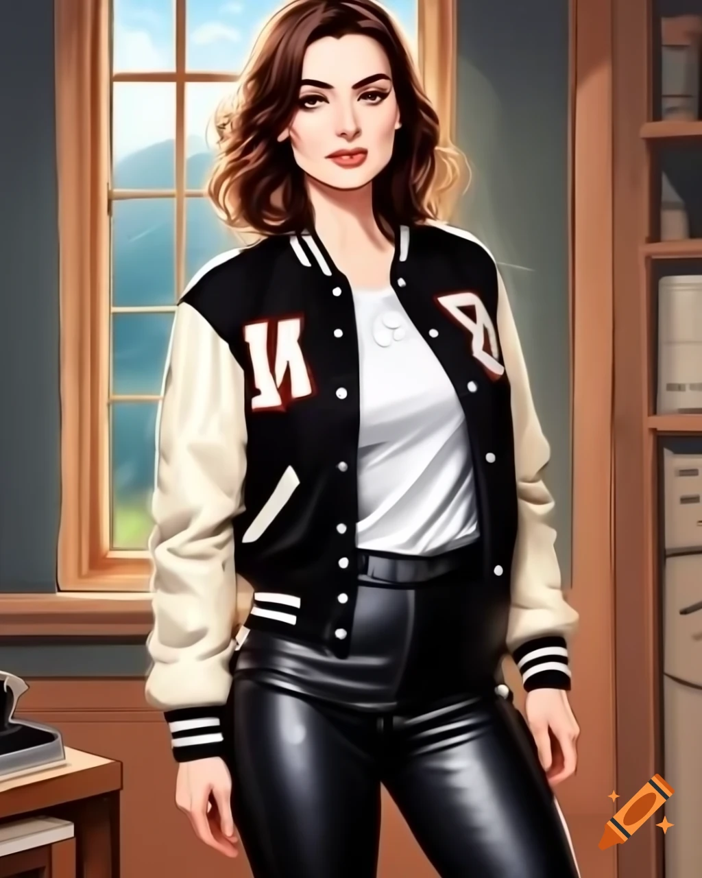 Young actress Rachel Weisz in letterman jacket and black leather ...