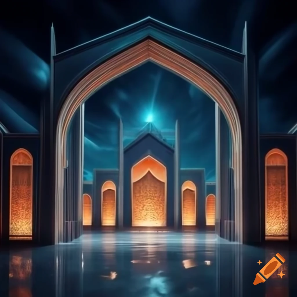 3D design of ornate Islamic gates with intricate arches under a starry ...