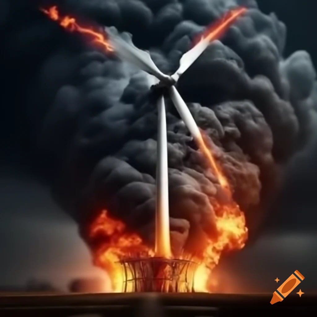 Wind turbine engulfed in flames symbolizing destruction and power on Craiyon