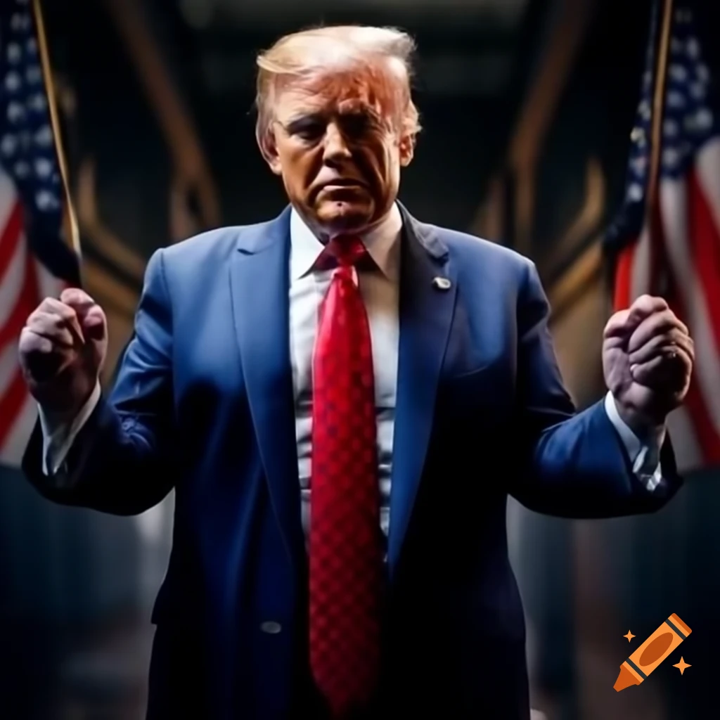 President Trump standing confidently with raised hand on Craiyon