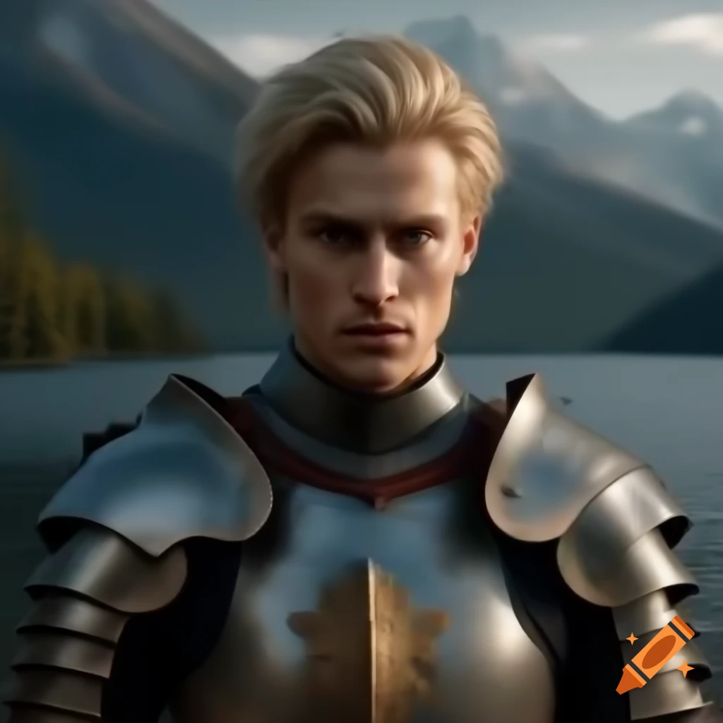 Beautiful blonde knight in shining armor gazing at reflection in lake ...