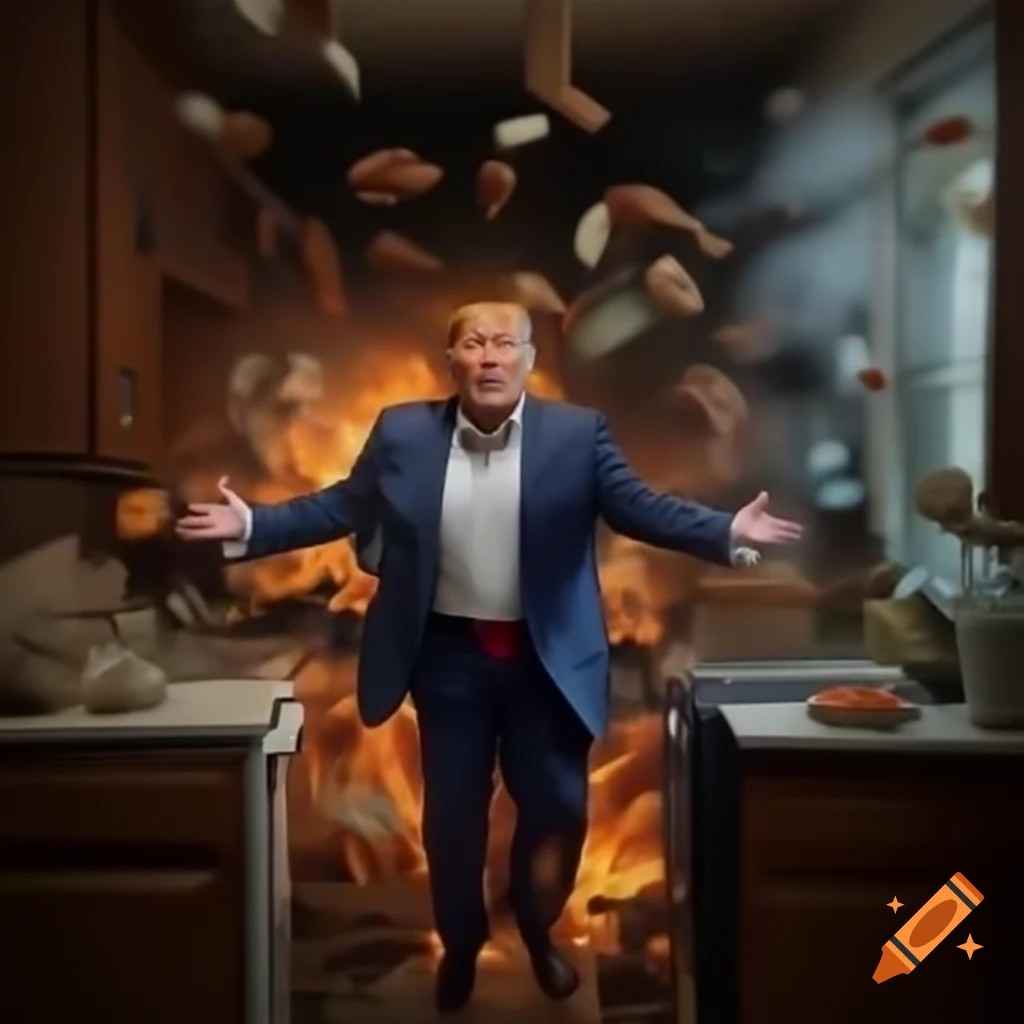 Chaotic kitchen scene with figure struggling near stovetop and burning ...