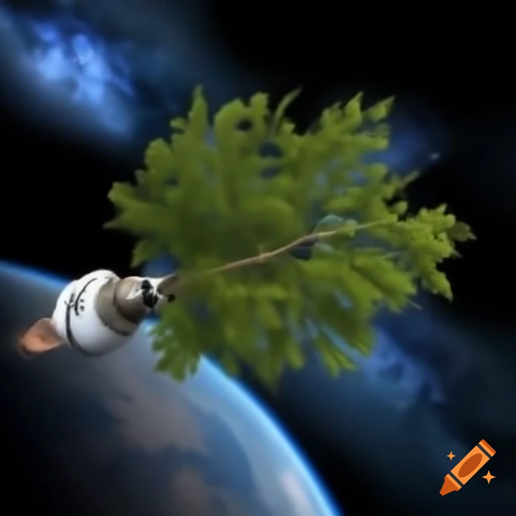 Flying hazel tree in space with rocket propulsion on Craiyon