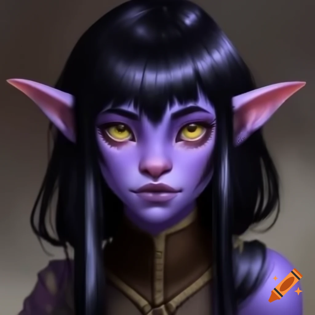 Realistic tiefling character with lavender skin, long black hair, and ...