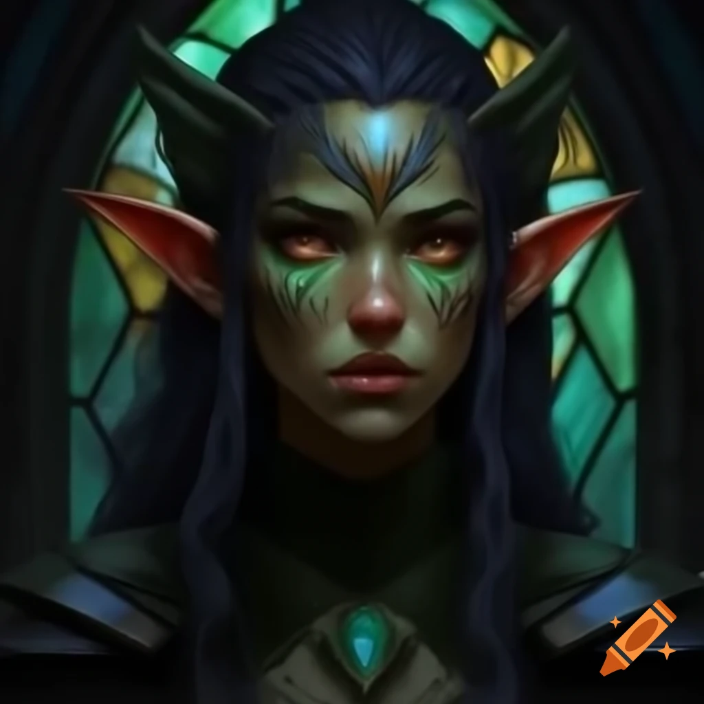 Nature elf warrior portrait in stained glass with dark green and black ...
