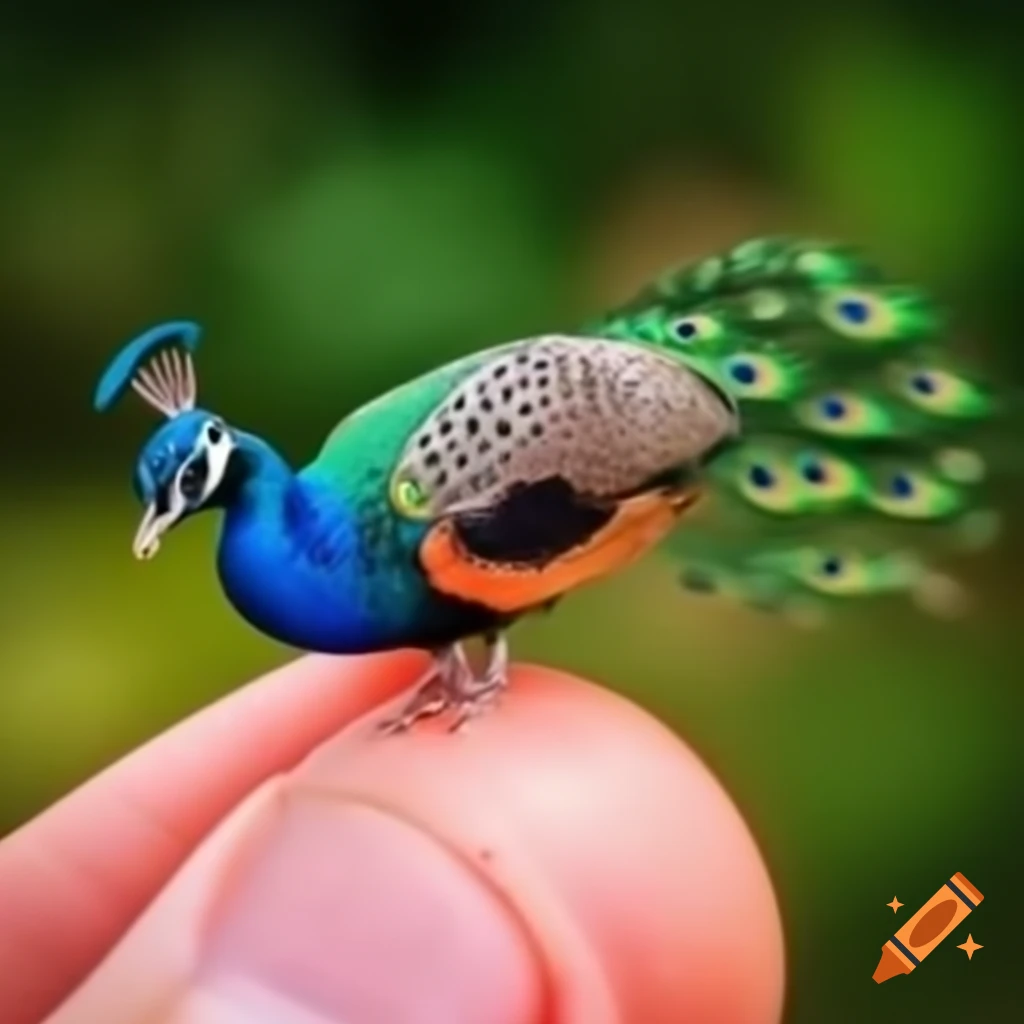 Miniature peacock creating art on fingertip on Craiyon