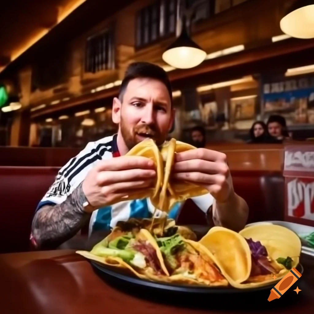 Lionel Messi enjoying tacos at a food stall in Mexico on Craiyon