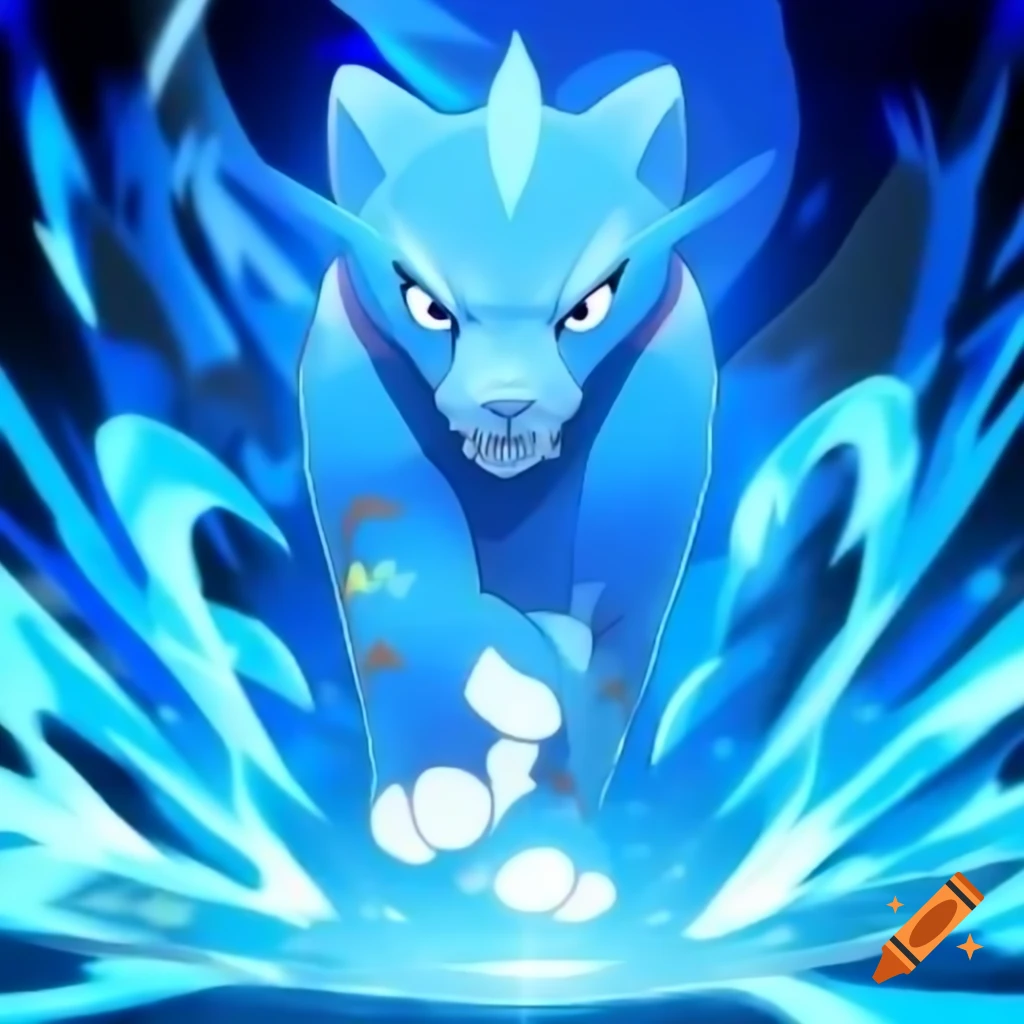 Powerful blue cheetah Pokemon in anime style as final stage water ...