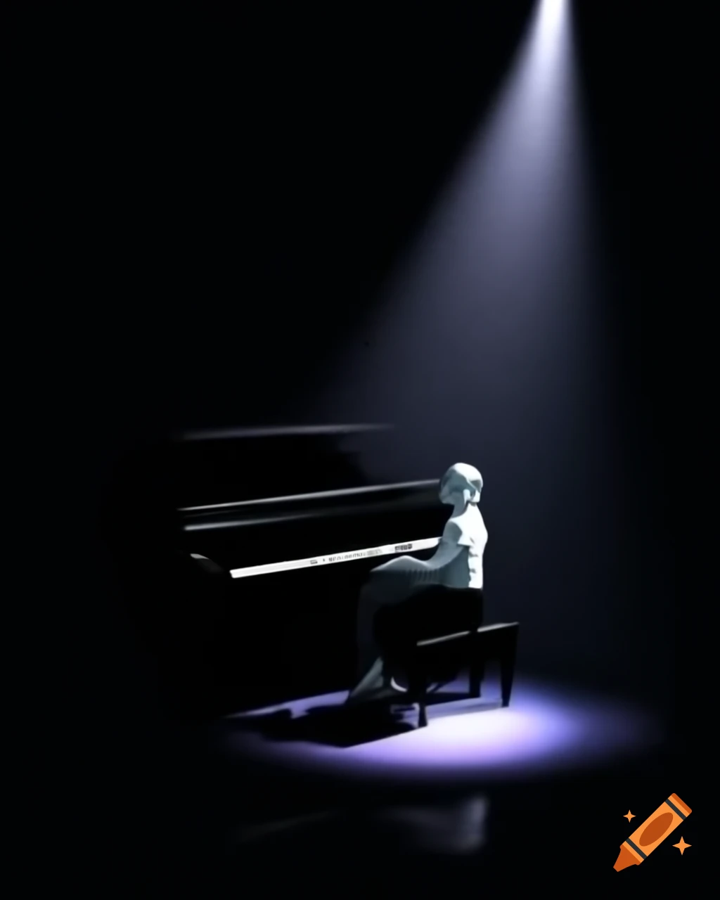Faceless student performing solo on piano under spotlight on dark stage ...